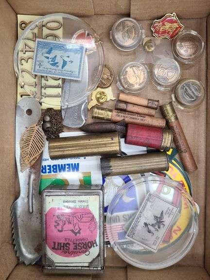 box of misc. Sporting items & Shell/Trap Display - Kramer Auction LLC