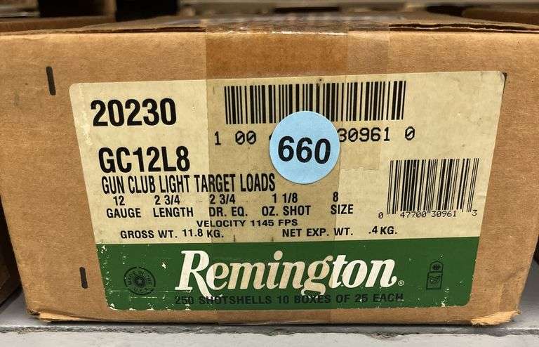250 rd case of Remington Gun Club 12 No. 8 shot - Kramer Auction LLC