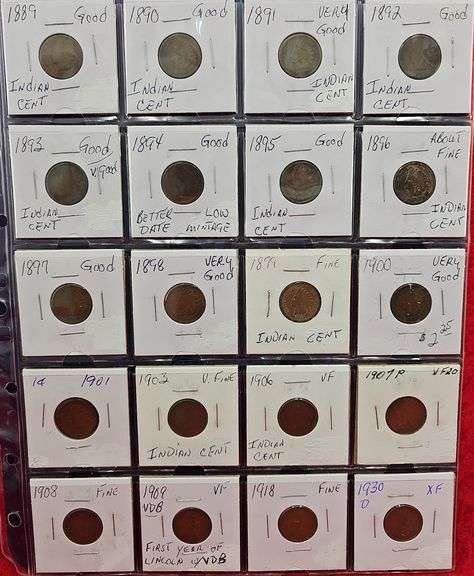 Lot of 20 Indian Head Pennies on Cards - Kramer Auction LLC