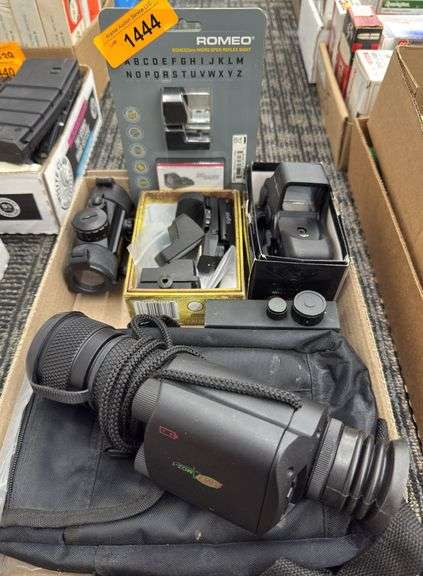 Box of Optical Sights & AMT Night Vision Monocular - Kramer Auction LLC