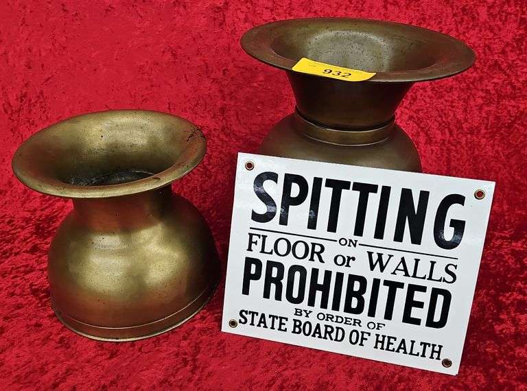 pair of vintage Spittoons & Metal Sign - Kramer Auction LLC