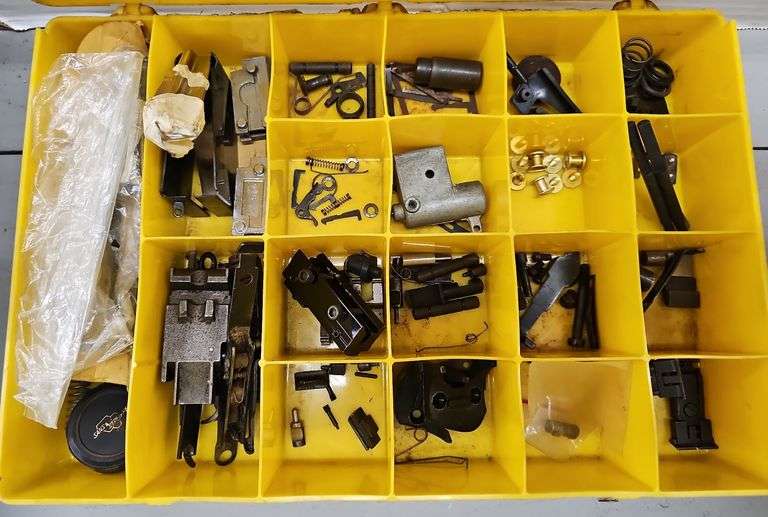 6 Parts Bins of Small Gun Parts & Sights - Kramer Auction LLC