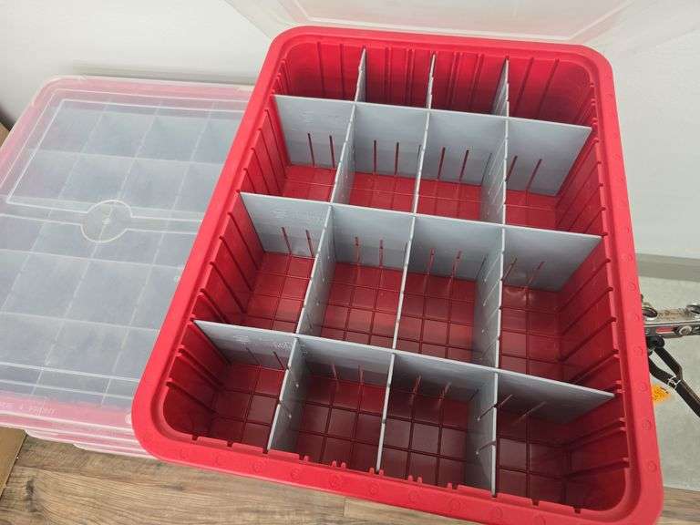 9 Red Totes w/adjustable Storage Spacing - Kramer Auction LLC