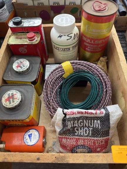 flat of assorted Powders, Cannon Fuse Reloading items - Kramer Auction LLC