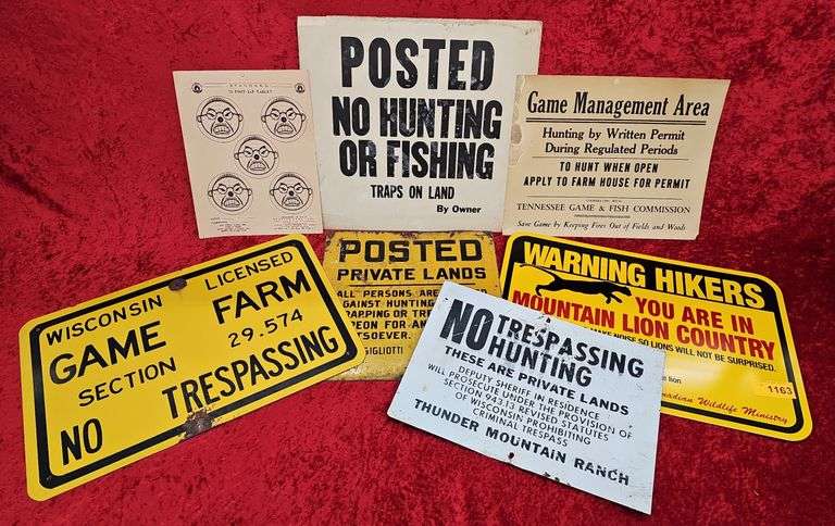 lot of 4 metal Game Farm & Hikers Sign plus 3 vintage paper signs ...