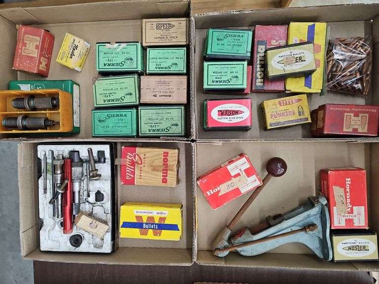 4 flats of Reloading Equipment: Bullets, Tools, etc - Kramer Auction LLC
