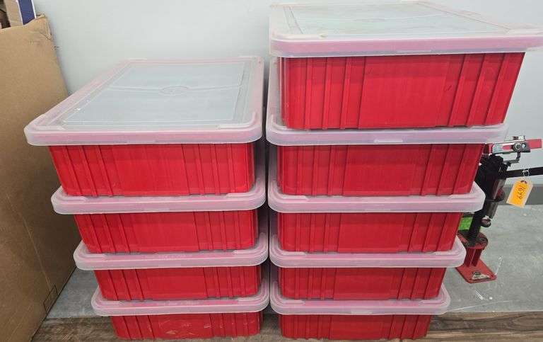 9 Red Totes w/adjustable Storage Spacing - Kramer Auction LLC