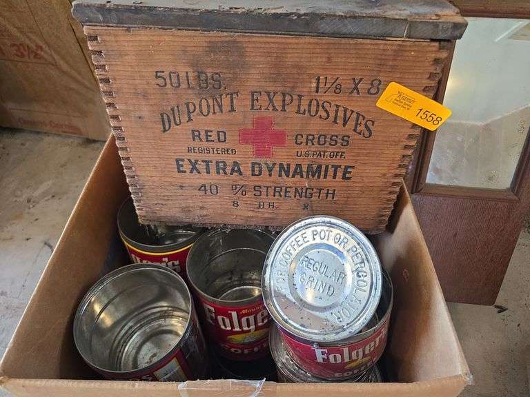 Dynamite Box, Old Phone Case & Vintage Coffee Can lot - Kramer Auction LLC