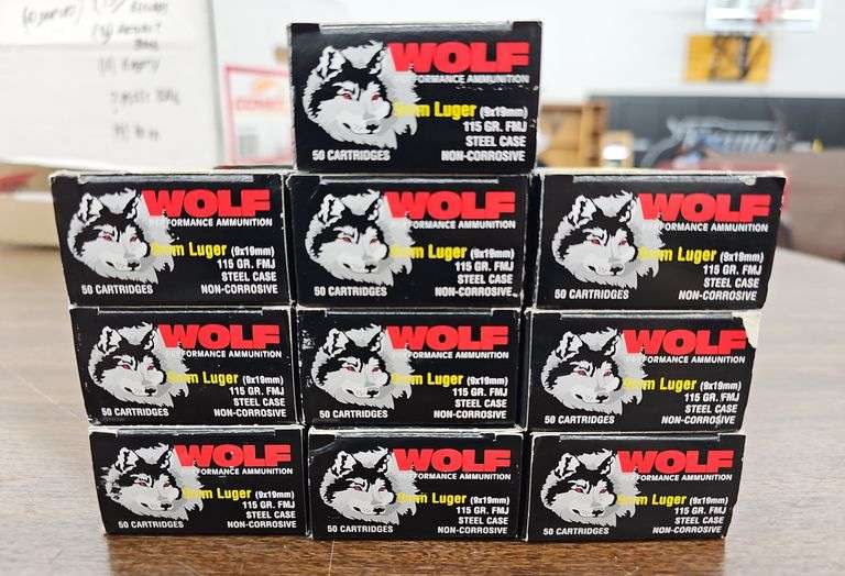 500 ct of Wolf 9mm Luger Ammo - Kramer Auction LLC