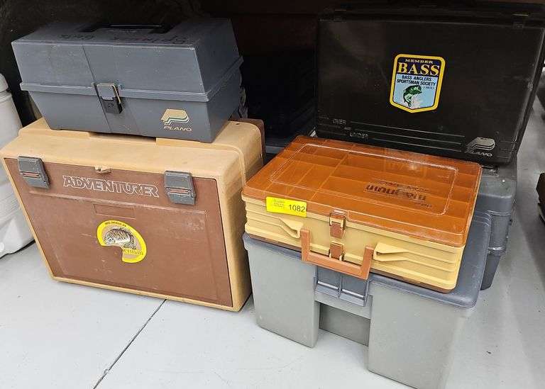 large lot of 6 empty Fishing Tackle Boxes/Bins - Kramer Auction LLC