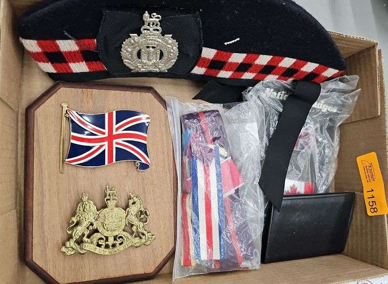 lot of British Military items +2 smaller riker mounts - Kramer Auction LLC