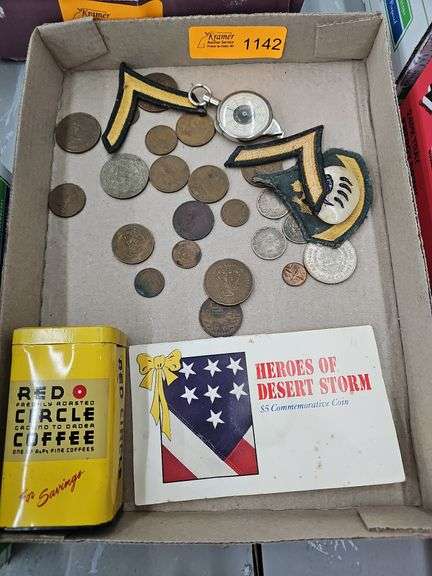 flat of assorted Military items & Spanish Coins - Kramer Auction LLC