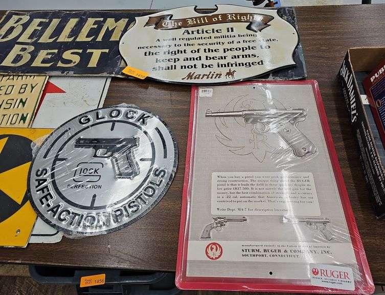 Lot of 7 Metal Signs: Glock, Ruger, Marlin & others - Kramer Auction LLC