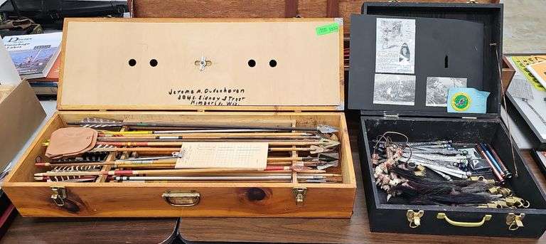 3 Wooden Boxes of vintage Arrows, Archery Tags & related - Kramer ...
