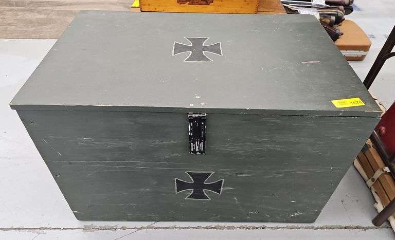 Large Wooden Box with Iron Cross Emblem - Kramer Auction LLC