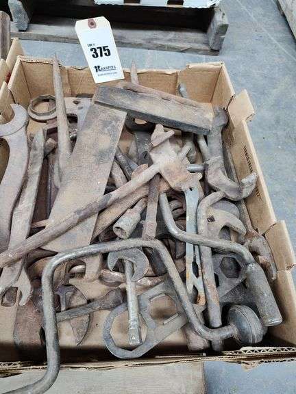Antique Tools, including 2 Wagon Wheel wrenches, old wooden square etc ...