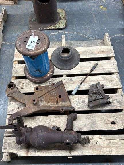 Miscellaneous antique items, including pump part, monitor cast drill ...