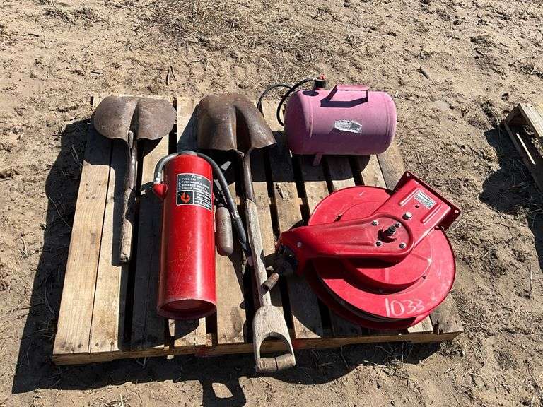 Air Hose Reel, Air Bubble, Fire Extinguisher, and 2 Steel Scoops ...