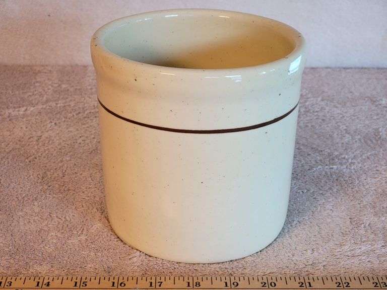 Vintage Cream Colored Stoneware Crock w/ Brown - Legacy Auction Company