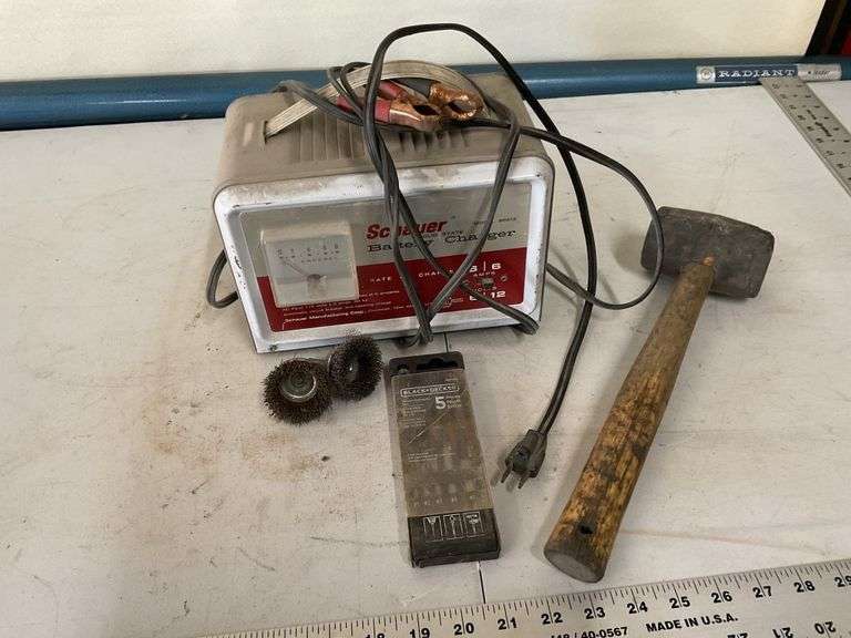 Battery charger, mallet, wire brushes, etc - Legacy Auction Company