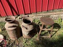 2- vintage milk cans and stool - Legacy Auction Company