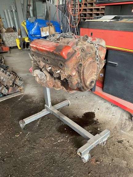 Larin engine stand with Chevy small block, rough - Legacy Auction Company