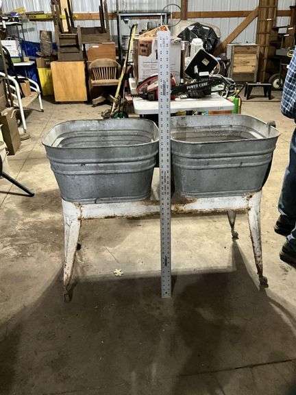 Double galvanized wash tubs on stand - Legacy Auction Company