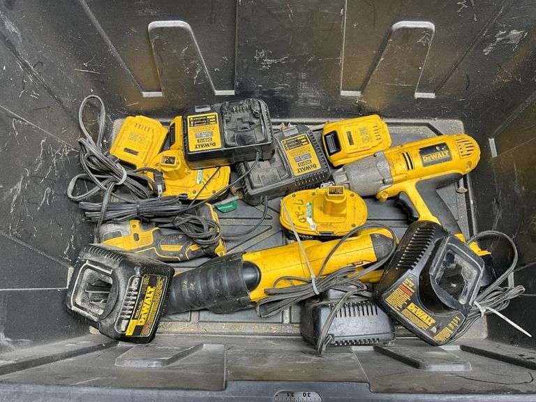 DeWalt tools, batteries and chargers with tote - Legacy Auction Company