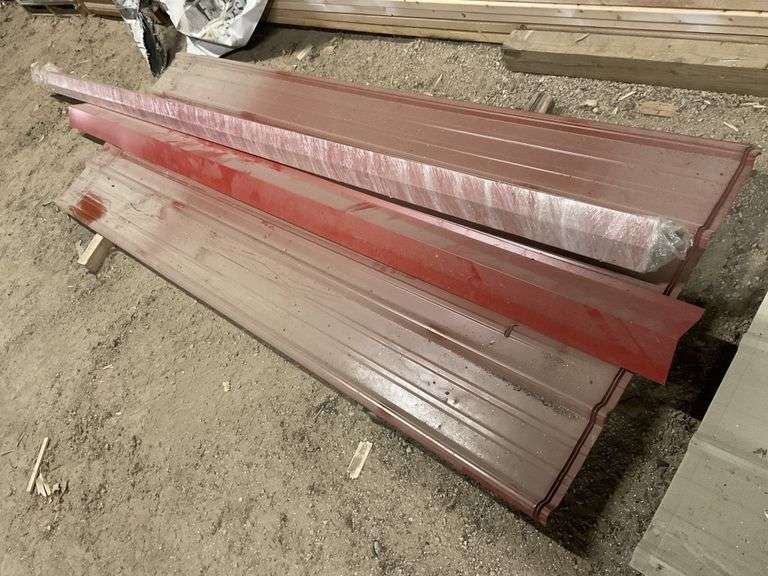 8' red metal sheeting and trim, approx. 11 sheets - Legacy Auction Company