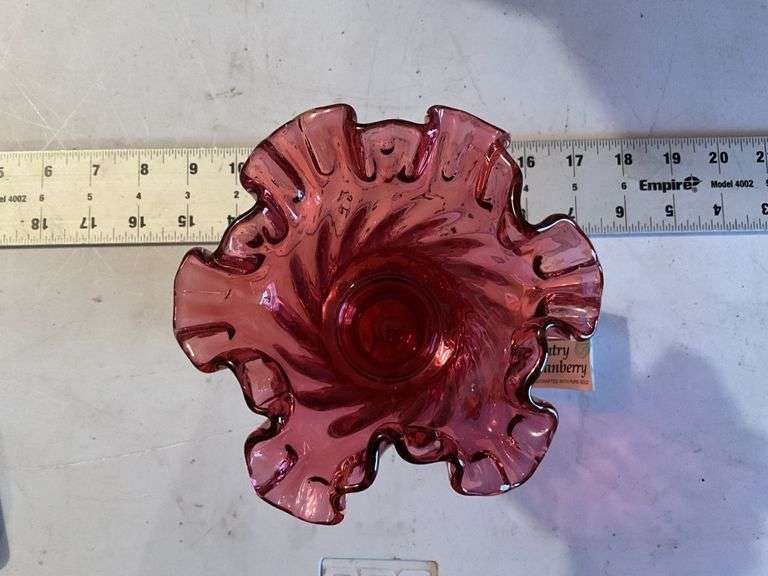 Fenton country cranberry signed ruffled vase - Legacy Auction Company