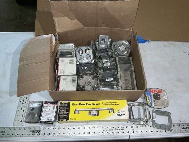 Assorted metal electrical boxes, fan brace, - Legacy Auction Company