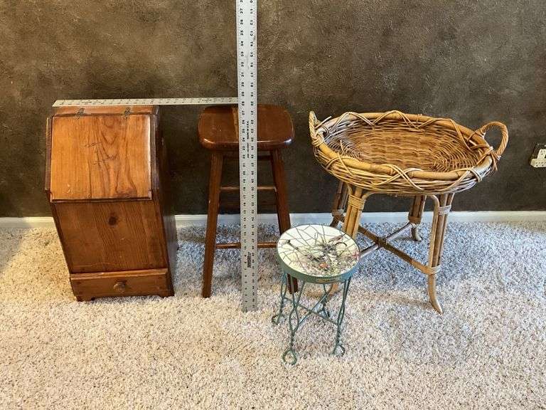 Tater and onion bin, stool, wicker table - Legacy Auction Company
