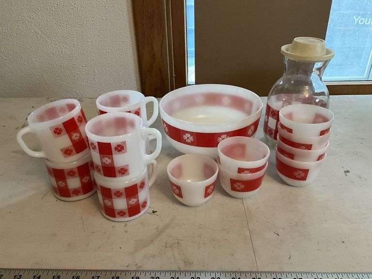 Federal Glass red gingham bowls, mugs, cups, - Legacy Auction Company
