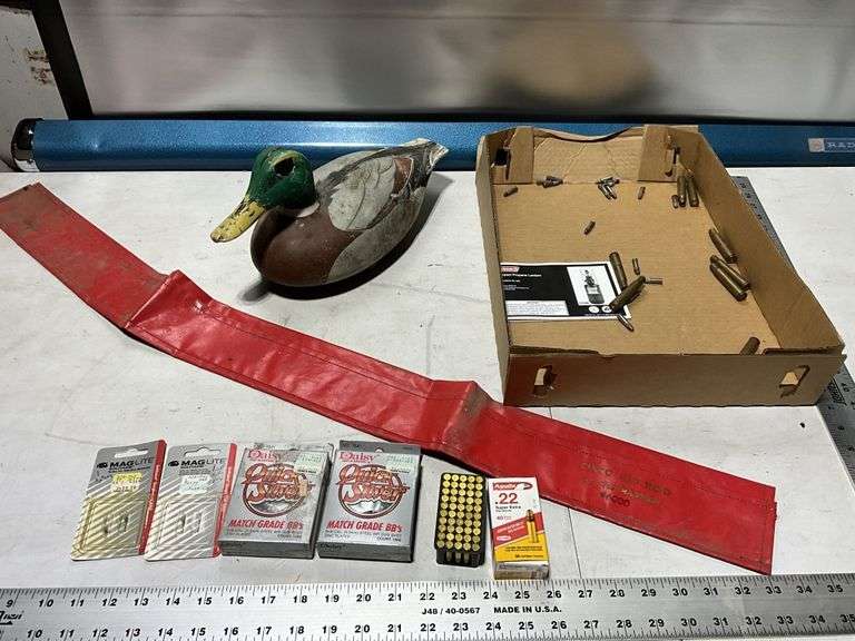 Duck decoy (broken), fishing rod holder, ammo, - Legacy Auction Company