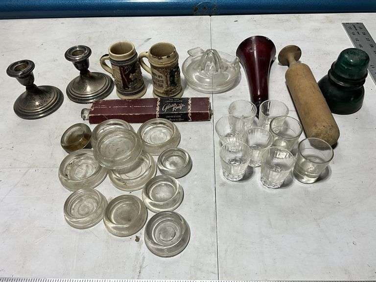Shot glasses, candleholders, glass, coasters, - Legacy Auction Company