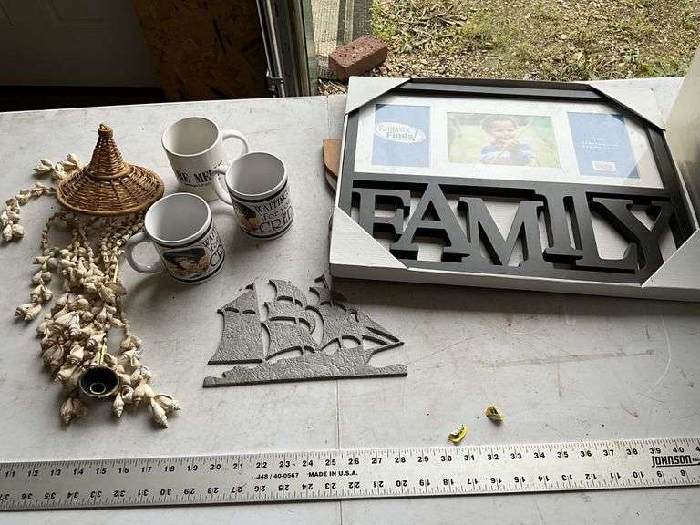 Frame, mugs, shell mobile, iron, etc with tote - Legacy Auction Company