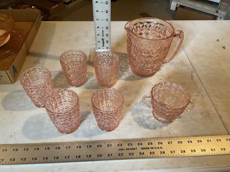 Pink depression buttons and bows pitcher and - Legacy Auction Company