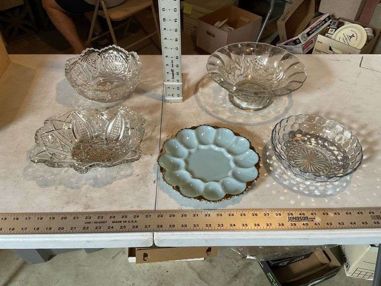 Blue egg plate, blue bubble glass bowl and clear - Legacy Auction Company