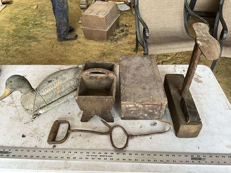 Duck decoy, hooks, shoe form, wood boxes - Legacy Auction Company