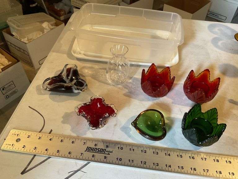 Tote with assorted colored glass etc. - Legacy Auction Company