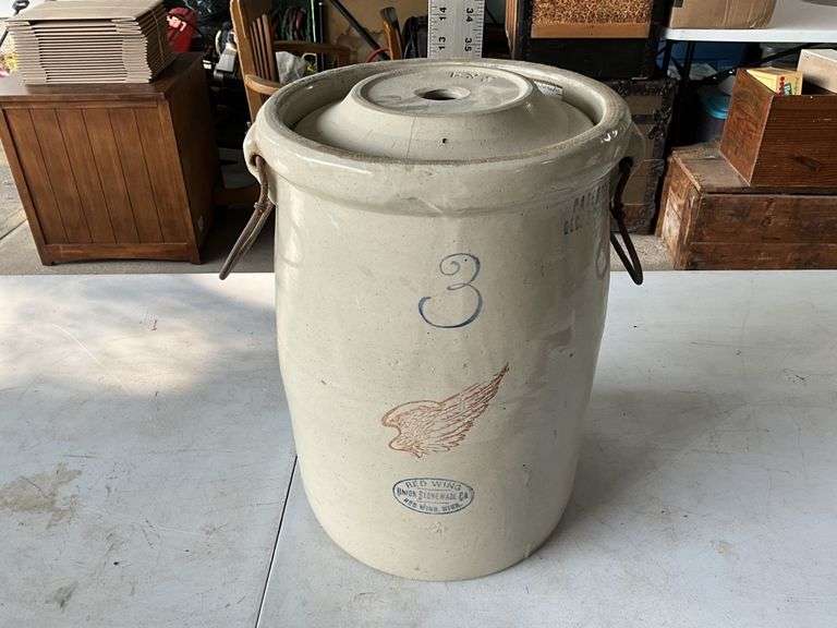 Red Wing 3 gallon churn with lid and bailed - Legacy Auction Company
