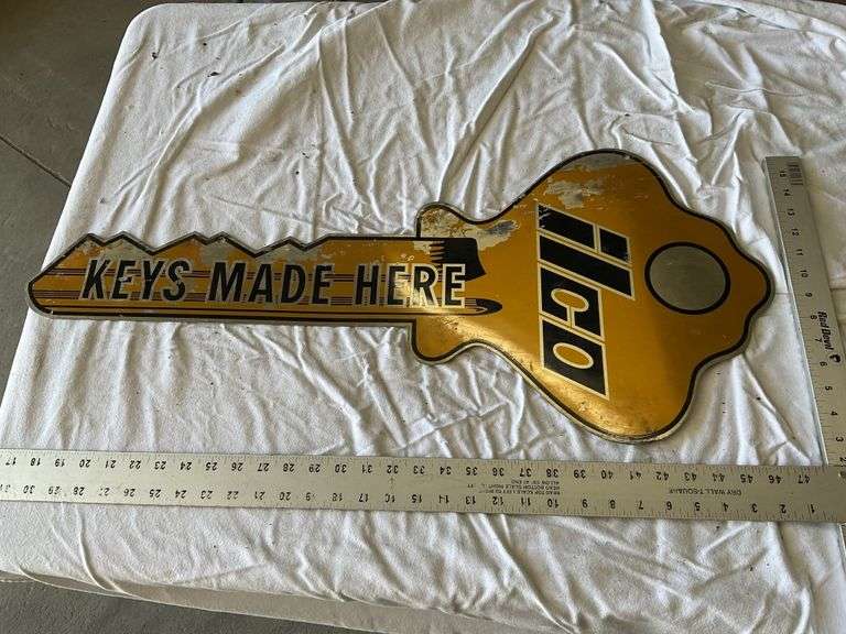 Metal double sided Alco keys made here sign - Legacy Auction Company