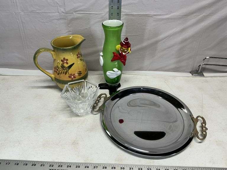 Pitcher, blown glass clown vase, serving tray and - Legacy Auction Company