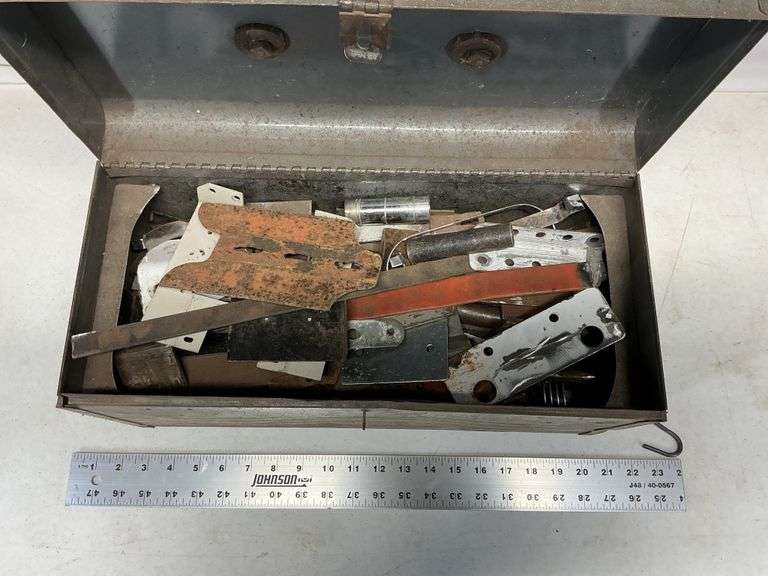 Assorted metal scraps and parts with toolbox - Legacy Auction Company