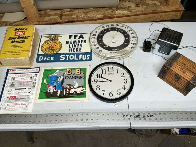Thermometer, clock, repair manual, FFA sign, etc - Legacy Auction Company