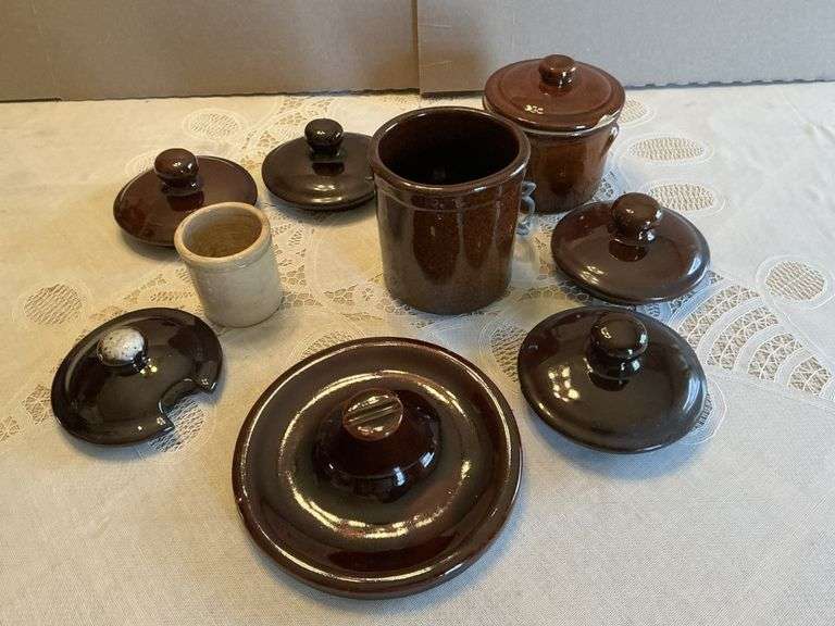 Stoneware pots, lids, mini crock - Legacy Auction Company