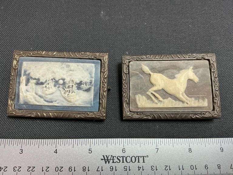 Vintage Incolay carved stone belt buckles - Legacy Auction Company