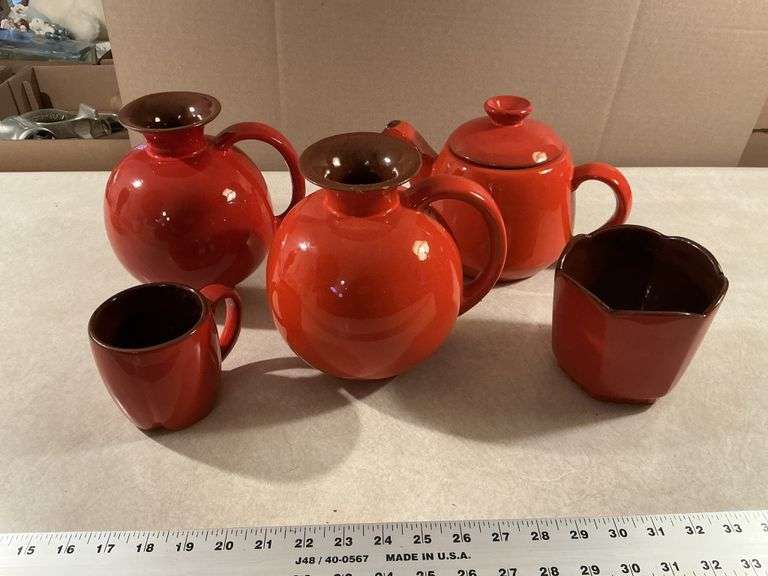 Red Frankoma teapot, pitchers, planter & mug. - Legacy Auction Company