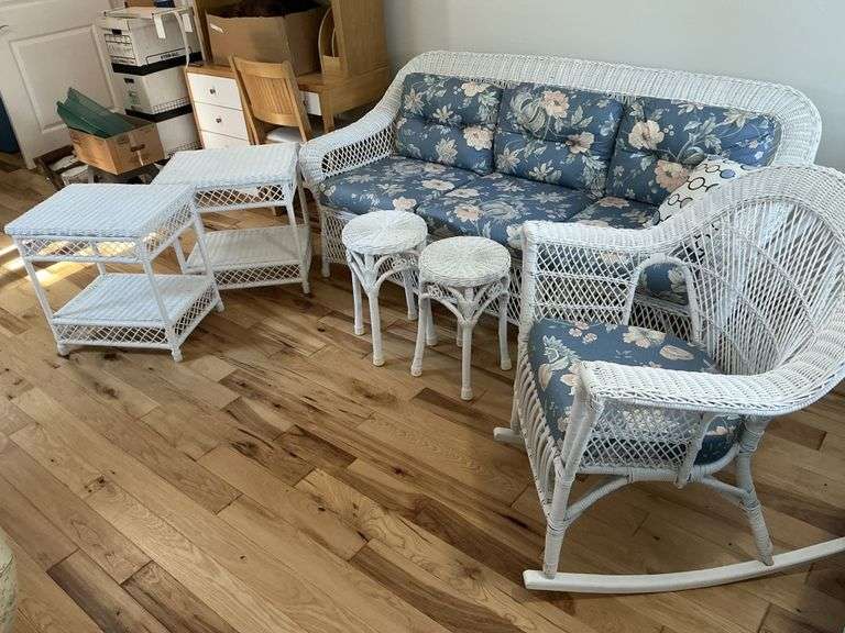 Wicker sofa (76" long), rocking chair, two end - Legacy Auction Company