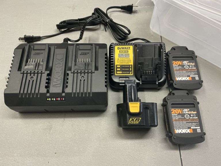 Miscellaneous batteries and chargers with tote - Legacy Auction Company